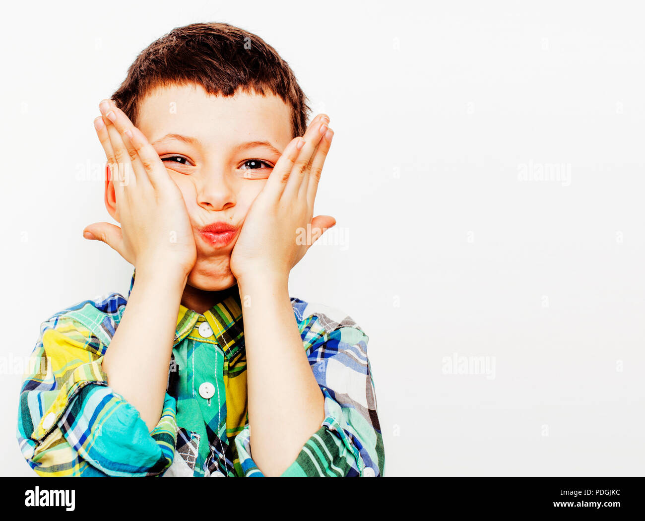 little cute real boy on white background gesture smiling close u Stock ...
