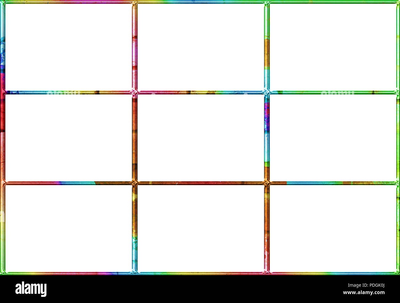 Abstract window with nine white squares in a brightly colored frame ...