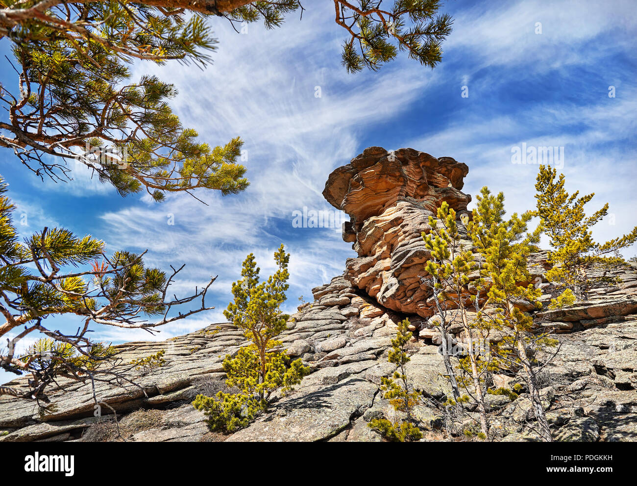 Beautiful rocky mountains of Karkaraly surrounded by forest of national ...