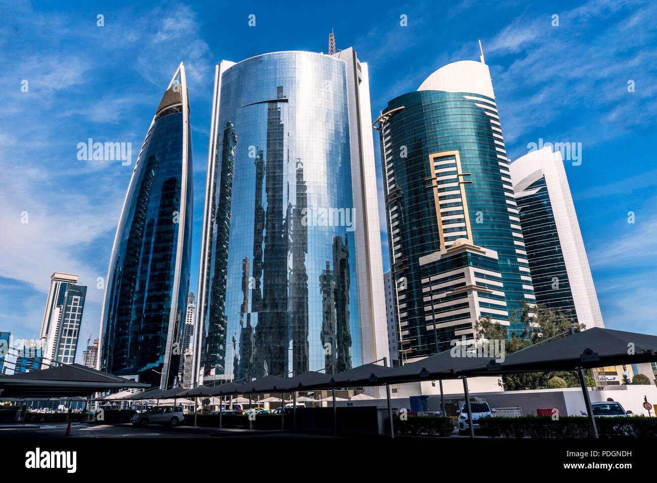DOHA, QATAR - FEB 2018: Wide Angle Shot of Modern Blue High Skyscrapers ...