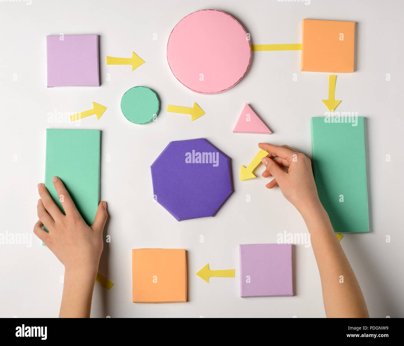 Hands putting colorful paper figures on white table. Algorithm ...