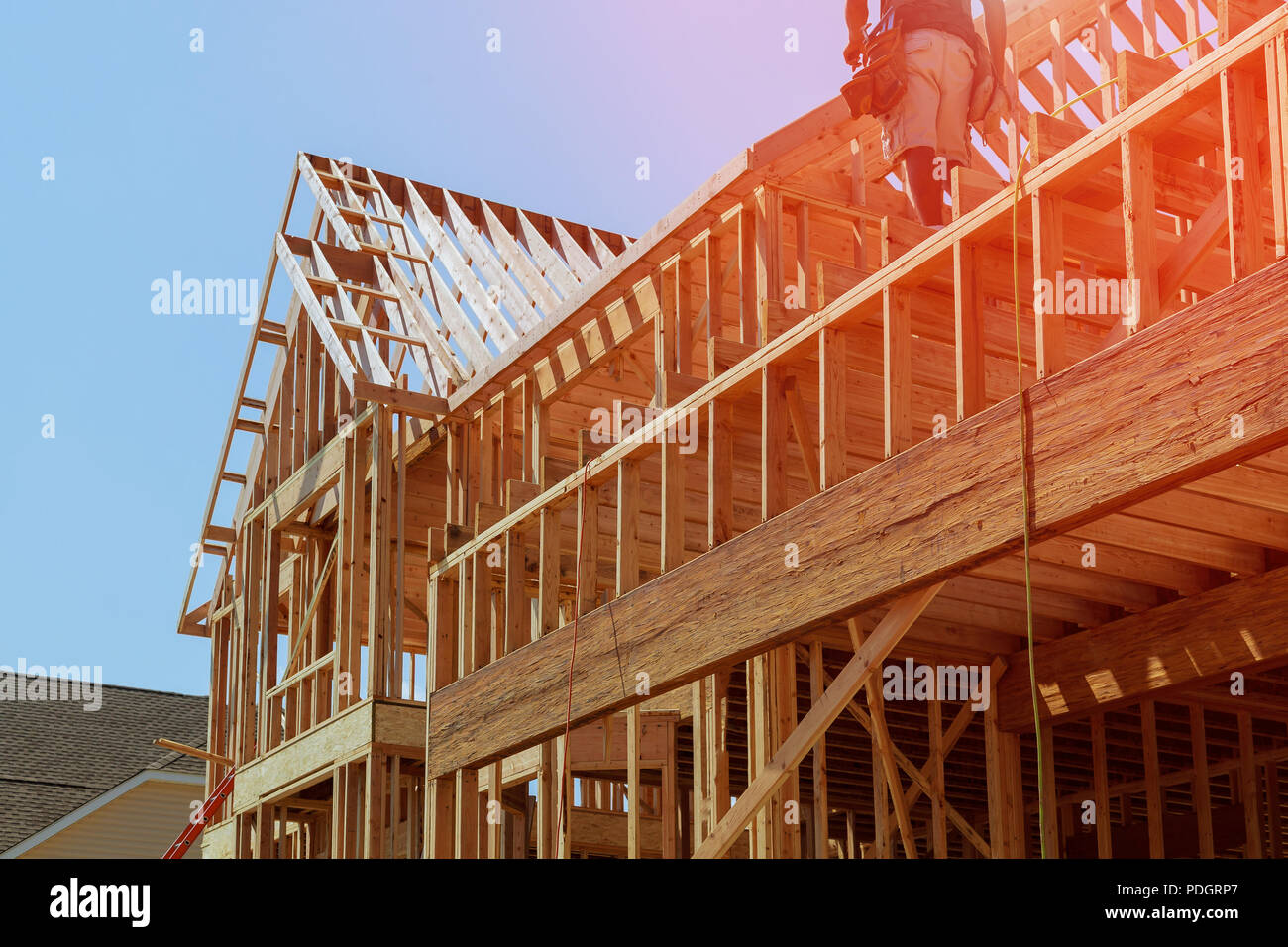 Framing structure wood frame of wooden houses home. Closeup new stick ...