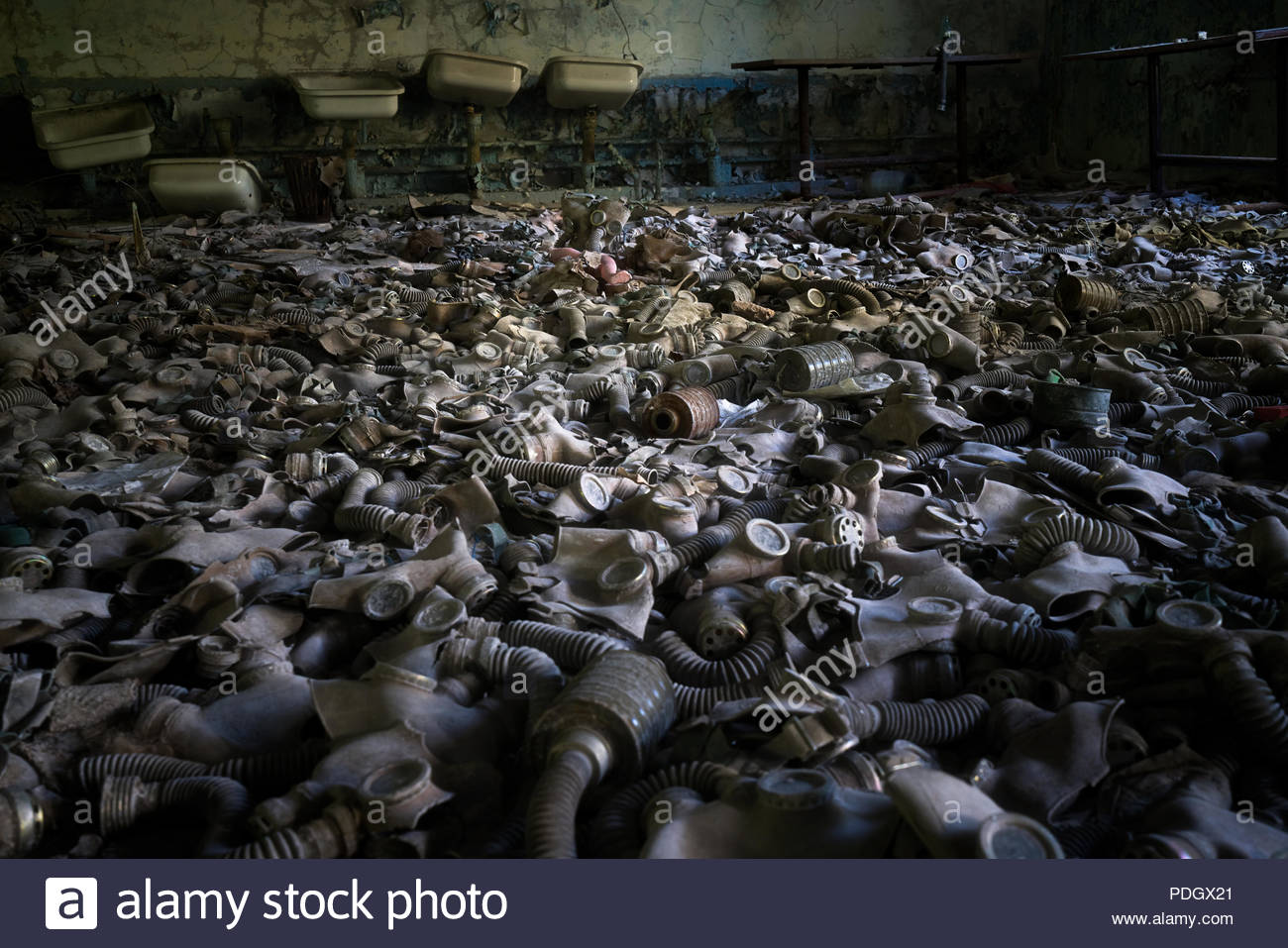 Decaying interior of an abandoned building with peeling paint and ...