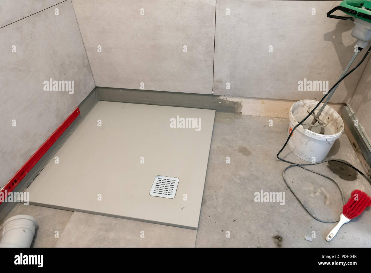 Bathroom with shower during finishing works. Installation of plumbing ...