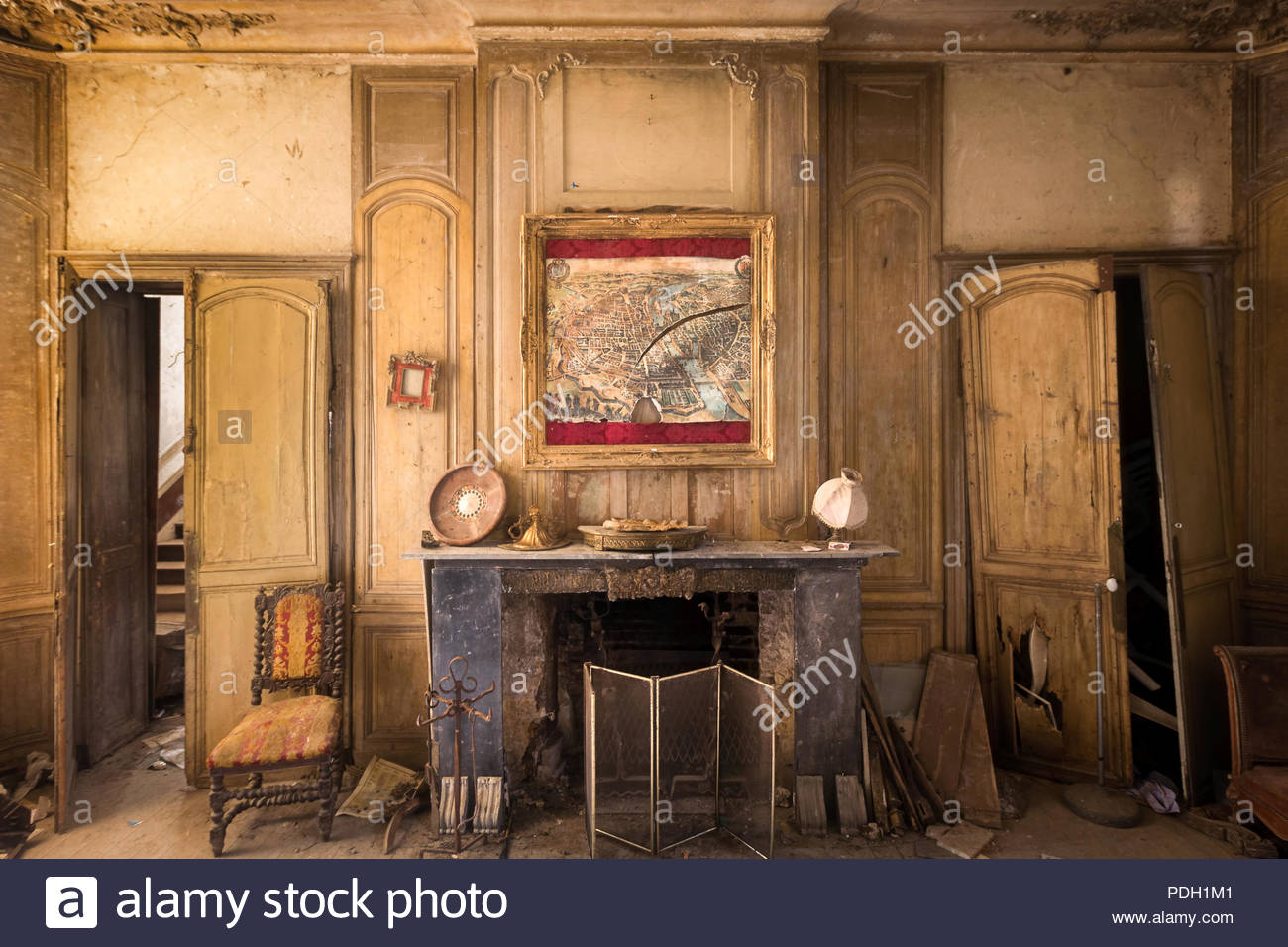 Decaying interior of an abandoned building with peeling paint and ...