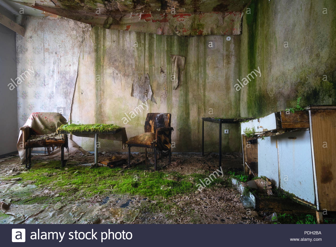 Decaying interior of an abandoned building with peeling paint and ...