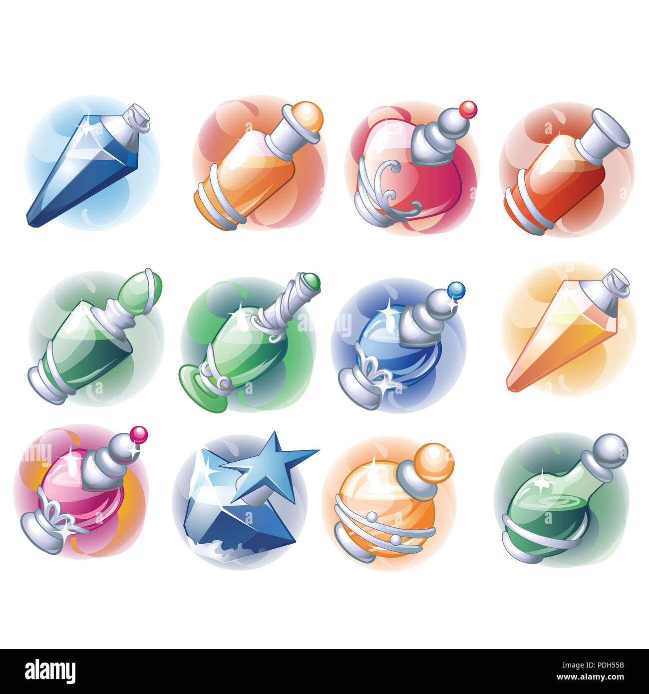 Set of multicolored glass flasks and bottles with magical essences ...