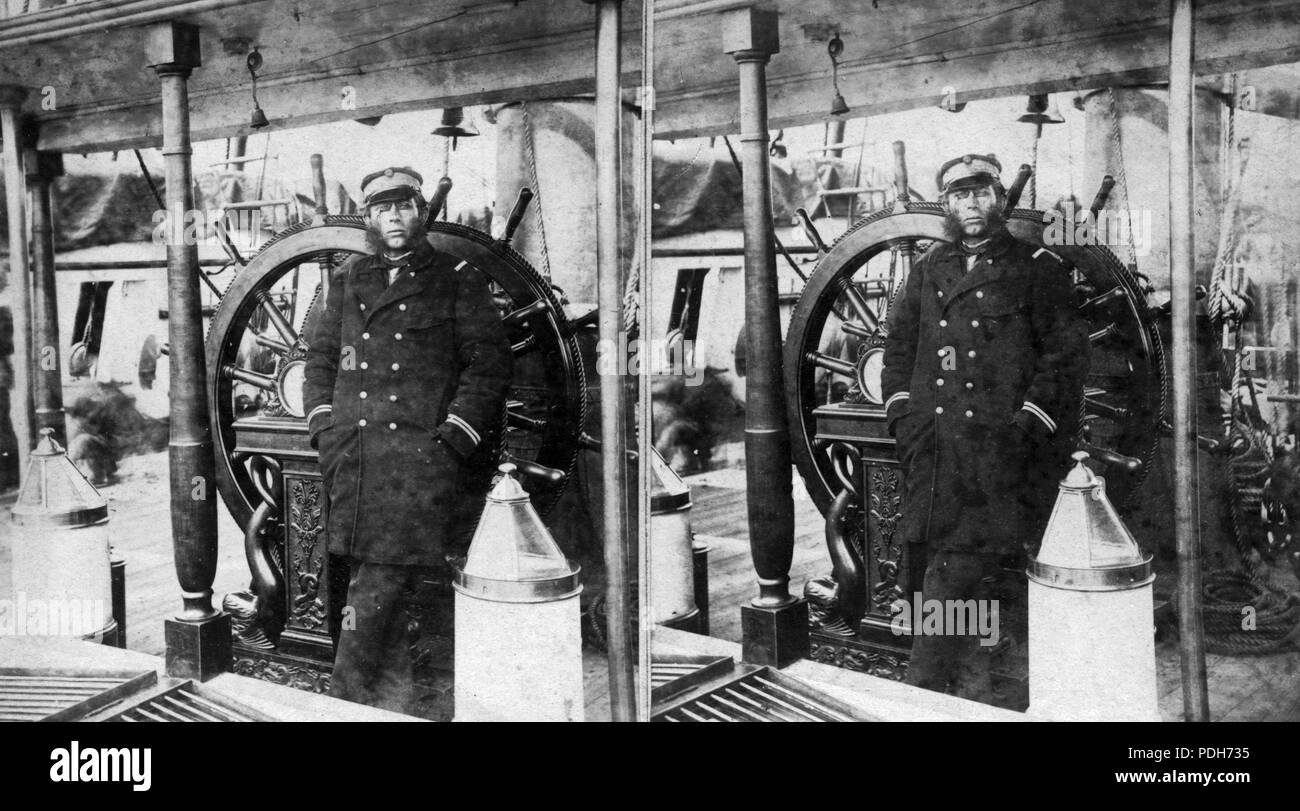 295 Ship, stereophoto, sailor, man, uniform, Ship's wheel, portrait ...