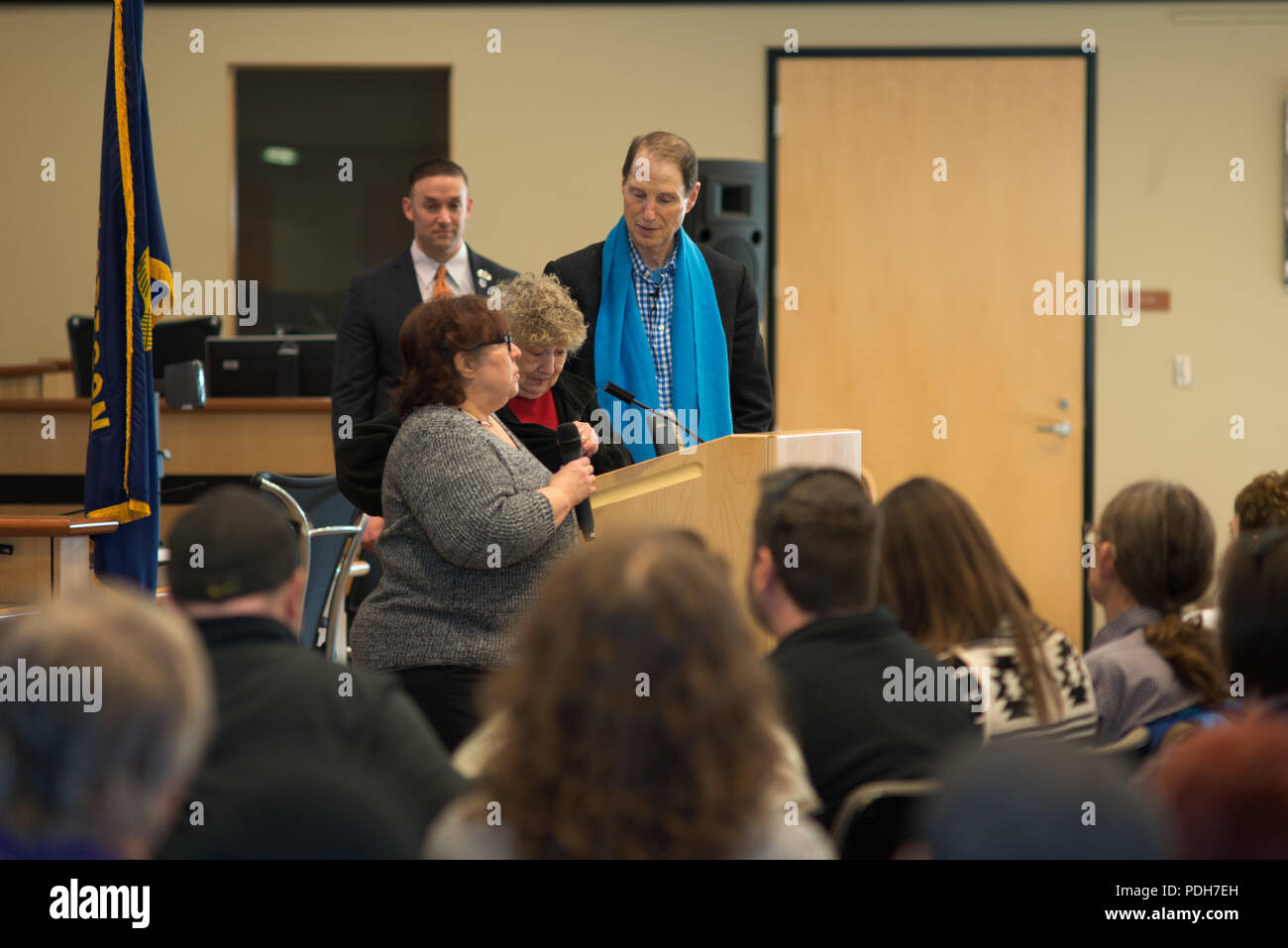 Ron Wyden, US Senator for Oregon at a town hall. With family of a World ...