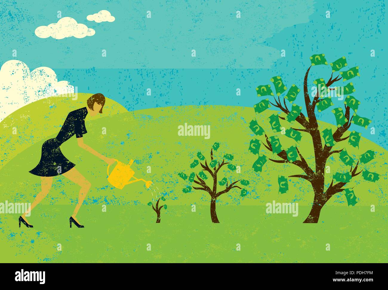 Growing Money Trees. A businesswoman watering money trees over an ...