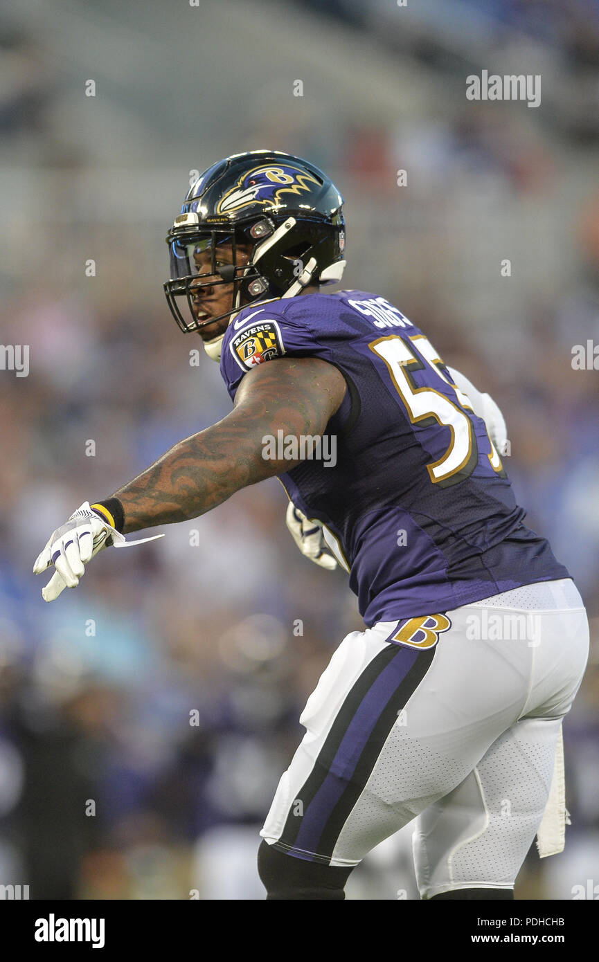 Baltimore, MD, USA. 9th Aug, 2018. TERRELL SUGGS (55) celebrates a near ...