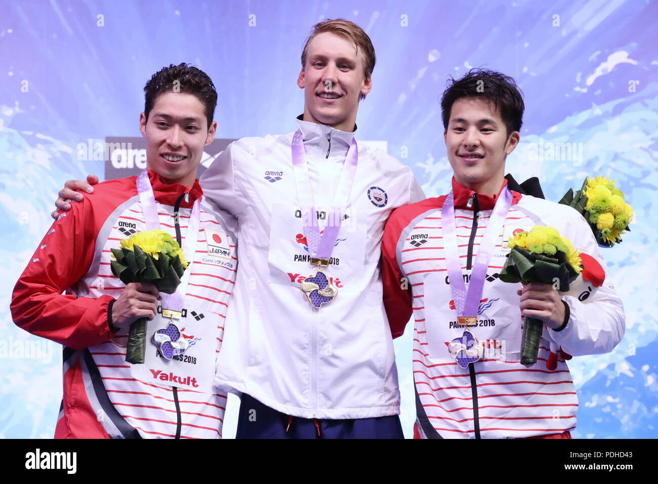 Tokyo, Japan. 9th Aug, 2018. (L-R) Kosuke Hagino (JPN), Chase Tyler Kalisz (USA), Daiya Seto ...