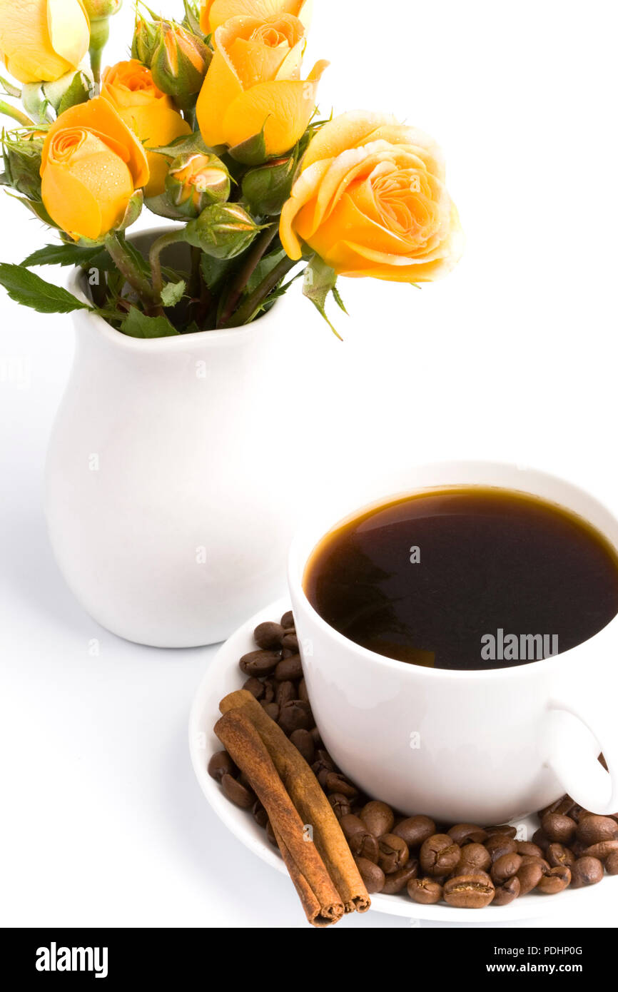 yellow flowers bouquet and cup of coffee on white background Stock ...