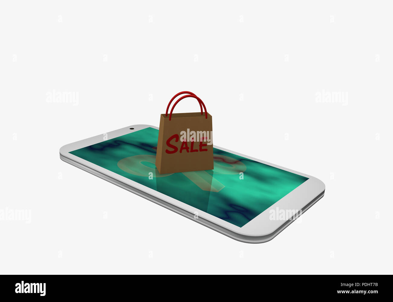 Mobile phone with a percent sign and a shopping bag with the text Sale ...