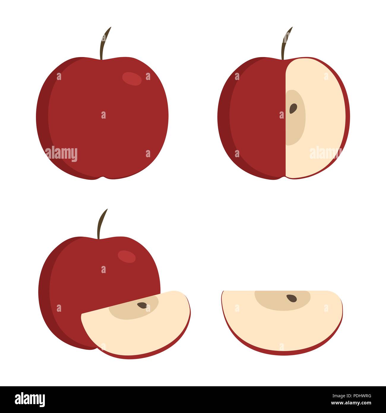Red apple icons set in flat design. Whole, half and slice apples Stock ...