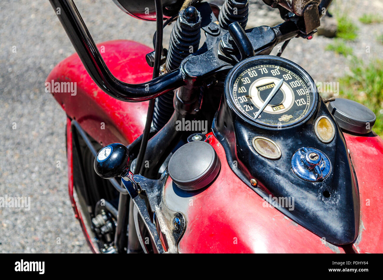 An old school Harley Davidson at Lassen Volcanic Park in California ...
