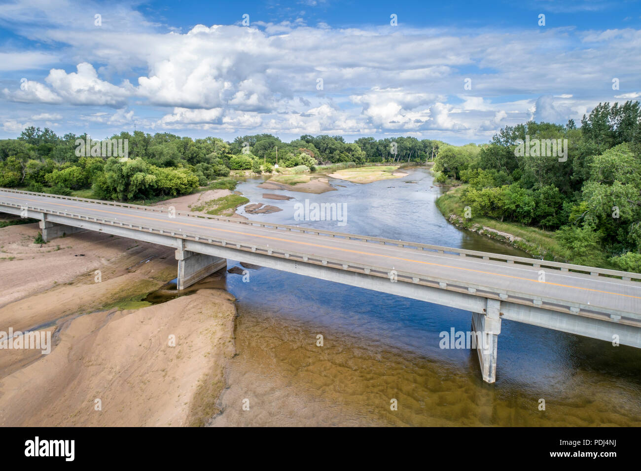 aerial view of shallow and braided Platte River near Brady, Nebraska in ...