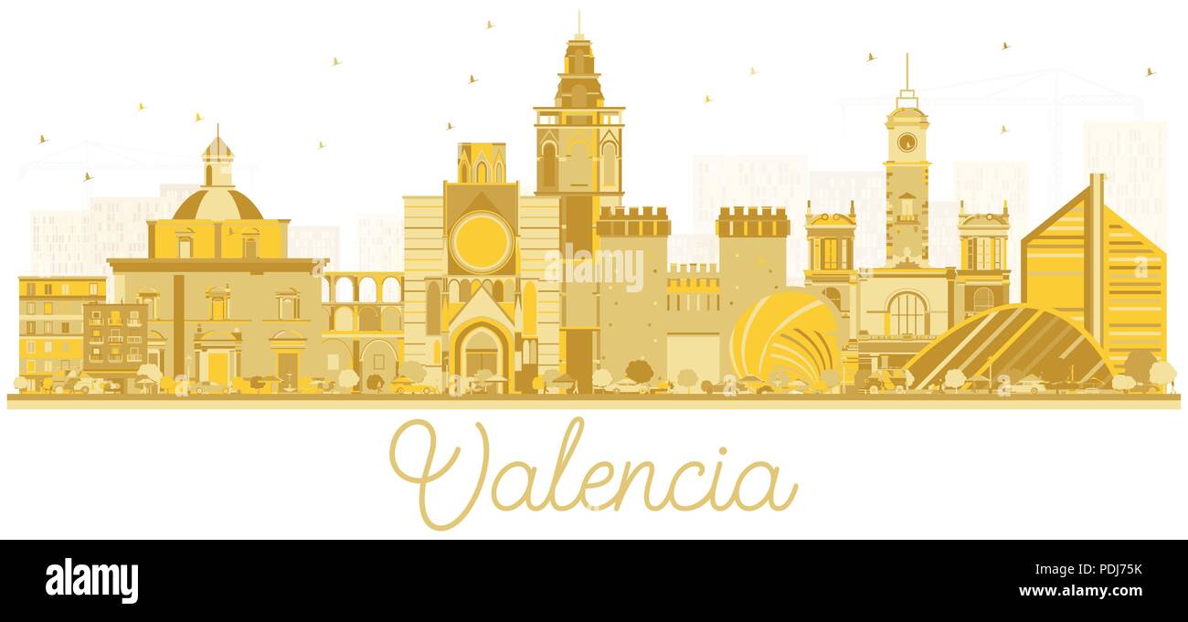 Valencia Spain City Skyline Silhouette with Golden Buildings. Vector ...