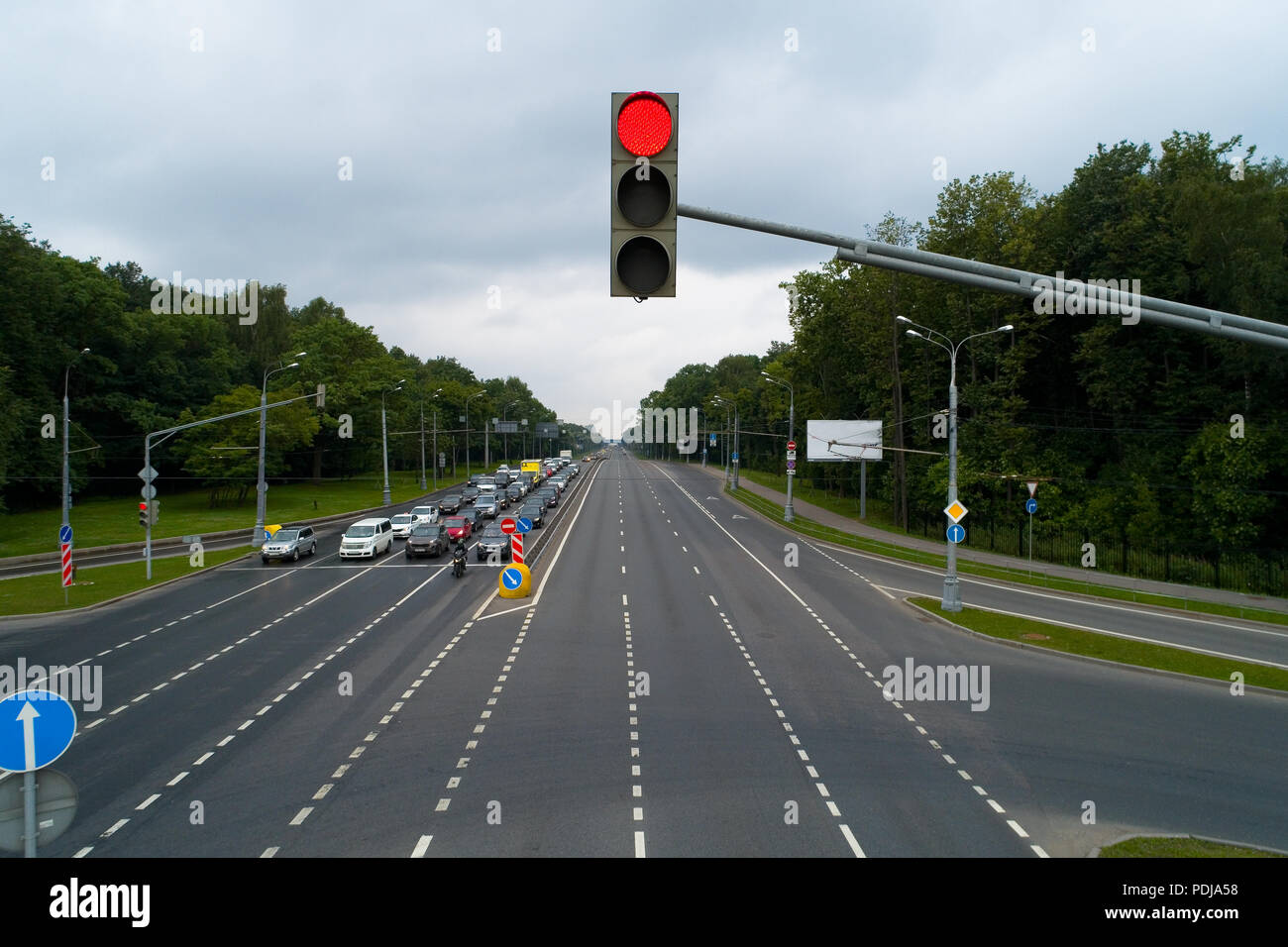 A traffic light shows a red signal. Aerial photography Stock Photo - Alamy