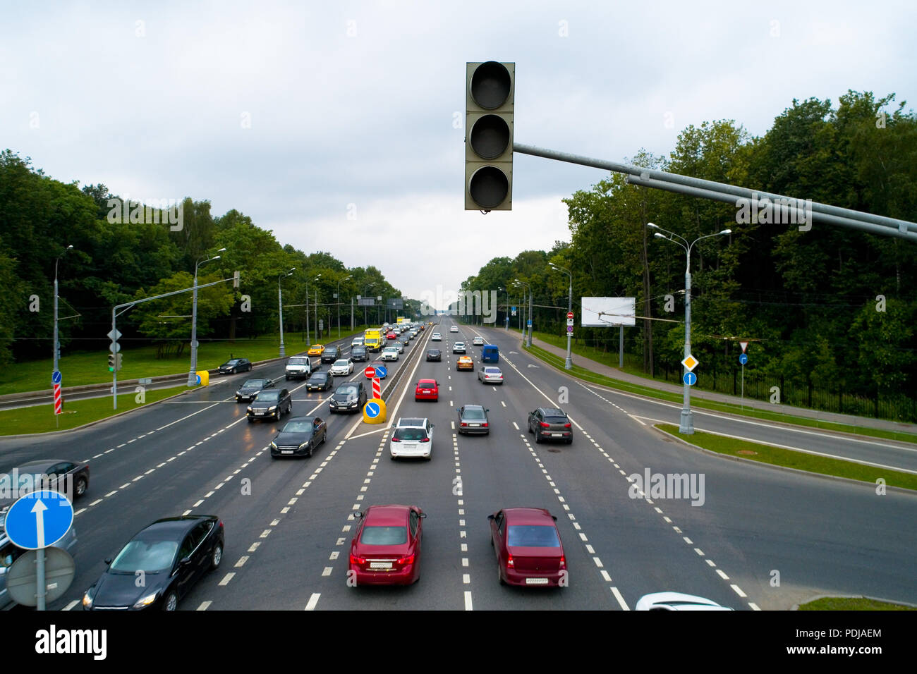 The traffic light above the road does not work. Aerial photography ...