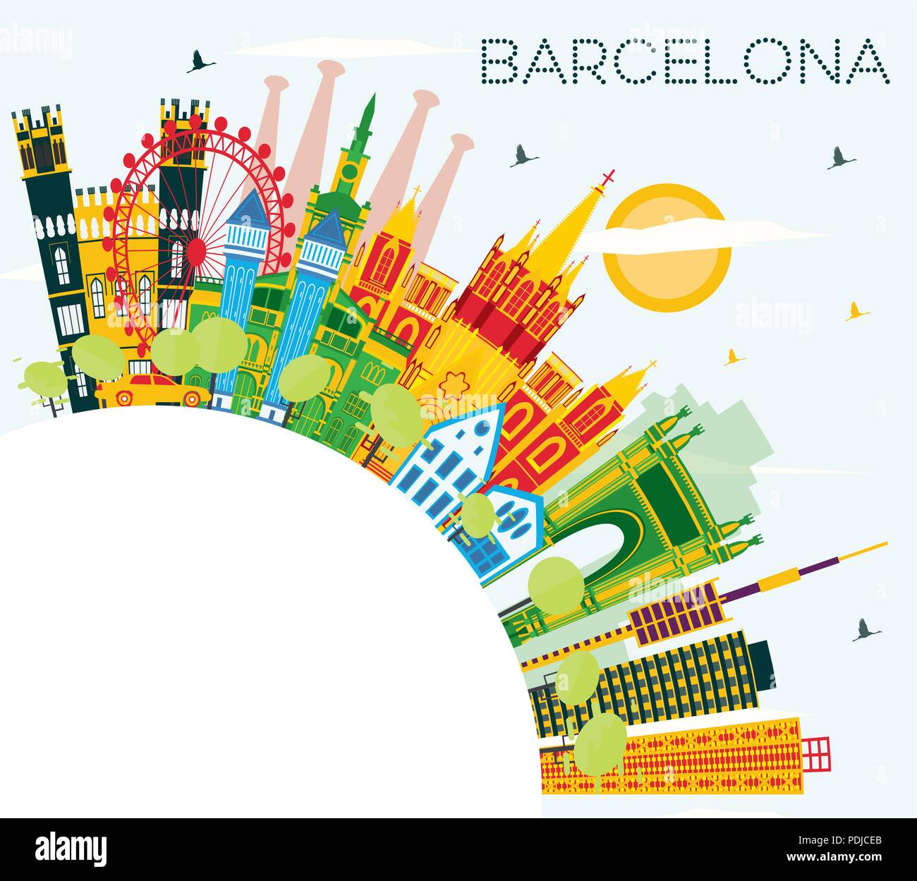 Barcelona Skyline with Color Buildings, Blue Sky and Copy Space. Vector ...