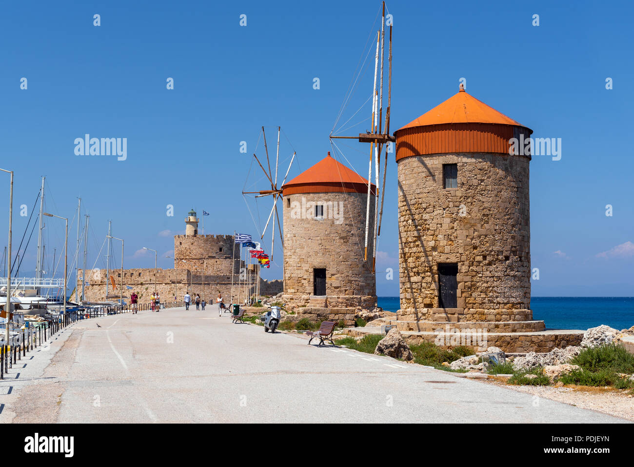 RHODES, GREECE - May 13, 2018: The historic windmills at the Mandraki ...