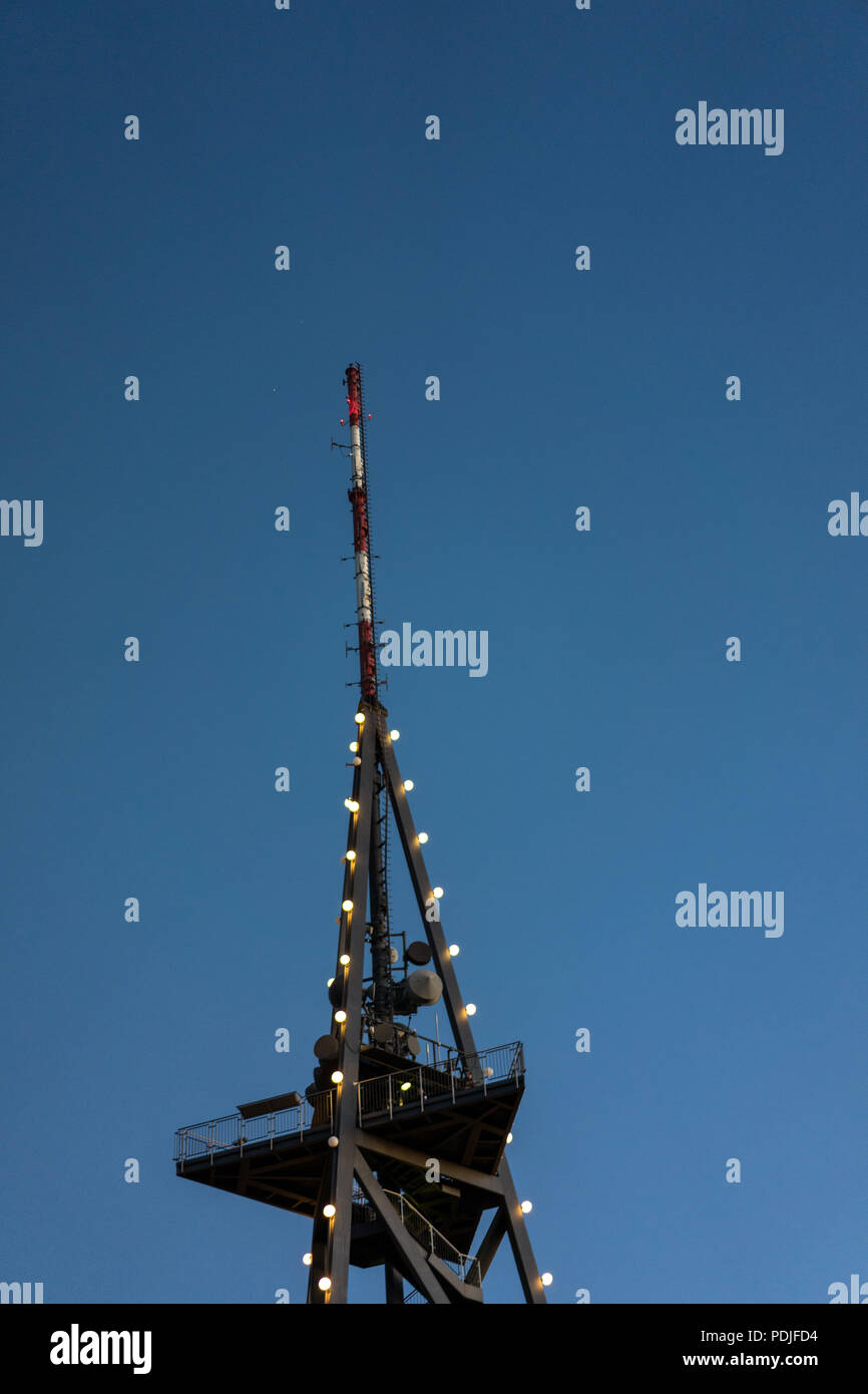 tv radio tower at night with lights on, low angle view Stock Photo - Alamy