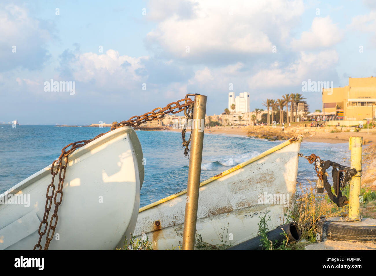 View of boats and the Bat-Galim beach promenade, in Haifa, Israel Stock ...