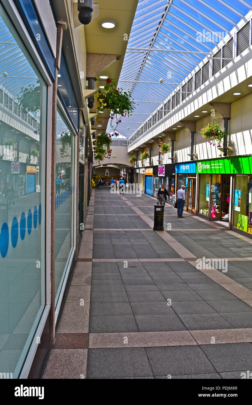 Interior view of The Rhiw shopping centre Bridgend, South Wales on a ...
