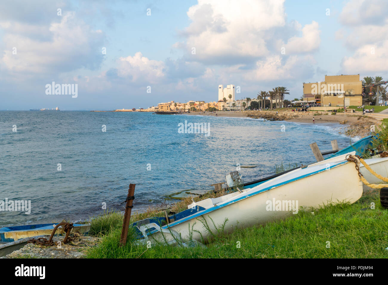 View of boats and the Bat-Galim beach promenade, in Haifa, Israel Stock ...