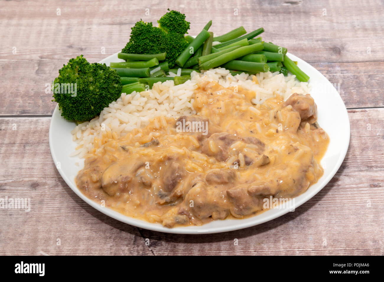 Beef stroganoff with rice, broccoli and green beans Stock Photo - Alamy