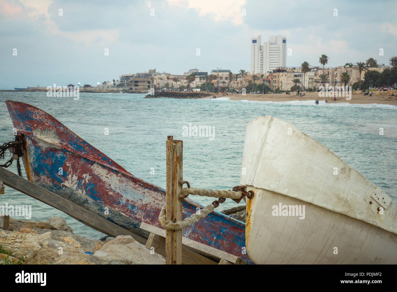 View of boats and the Bat-Galim beach promenade, in Haifa, Israel Stock ...