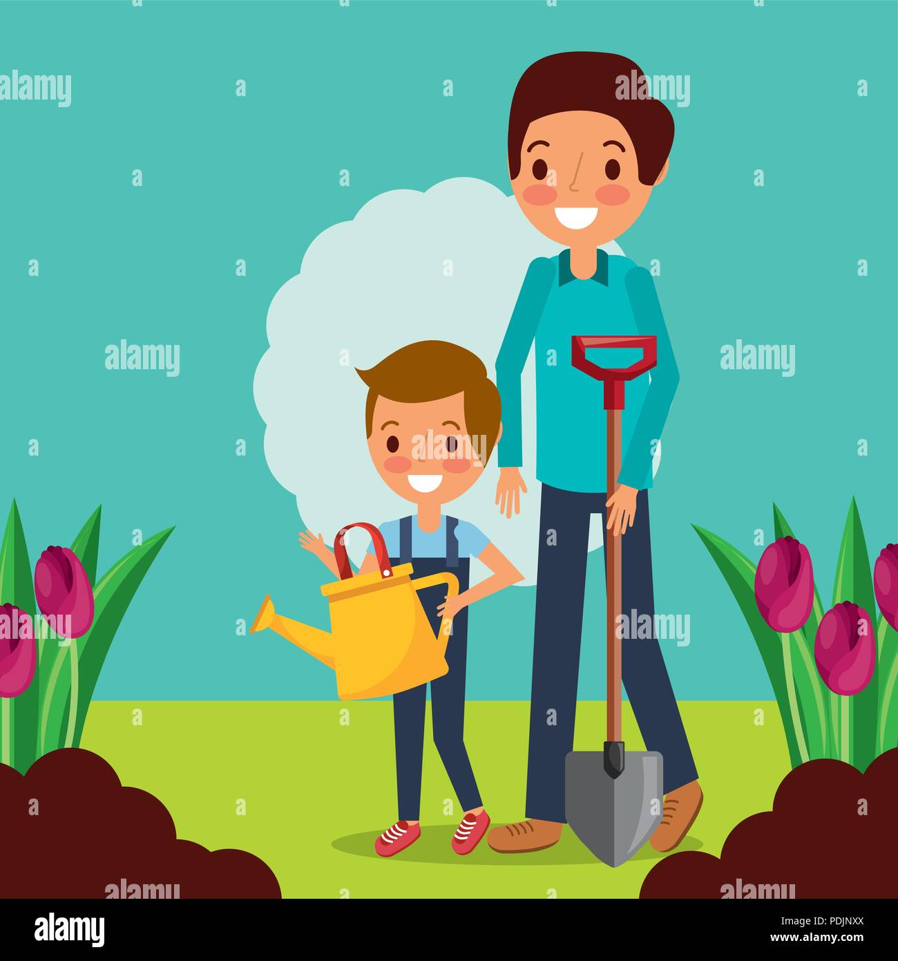 dad and son gardeners wtih watering can shovel and planting flowers ...