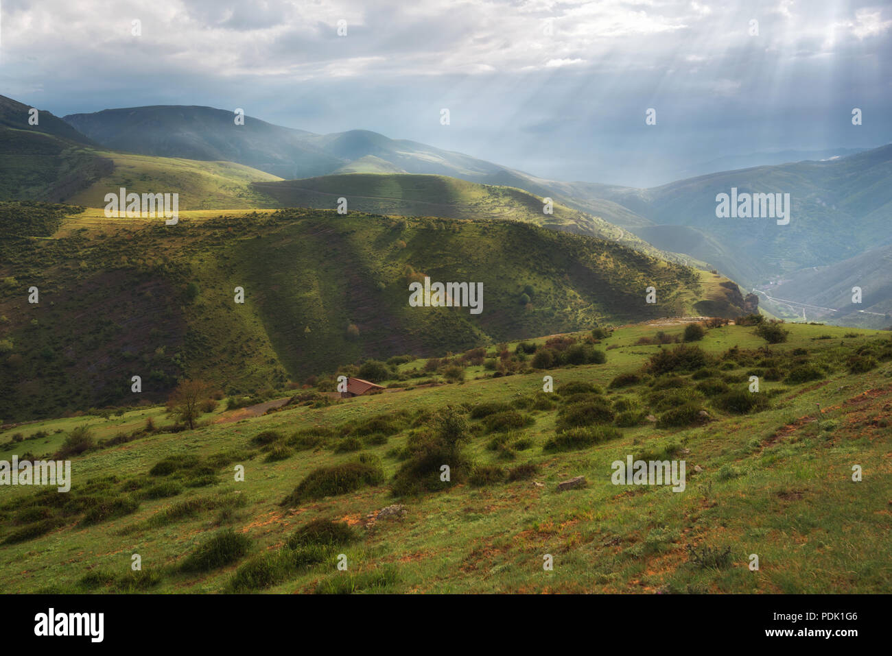 Valley landscape with rays of sunlight in La Rioja, Spain Stock Photo ...