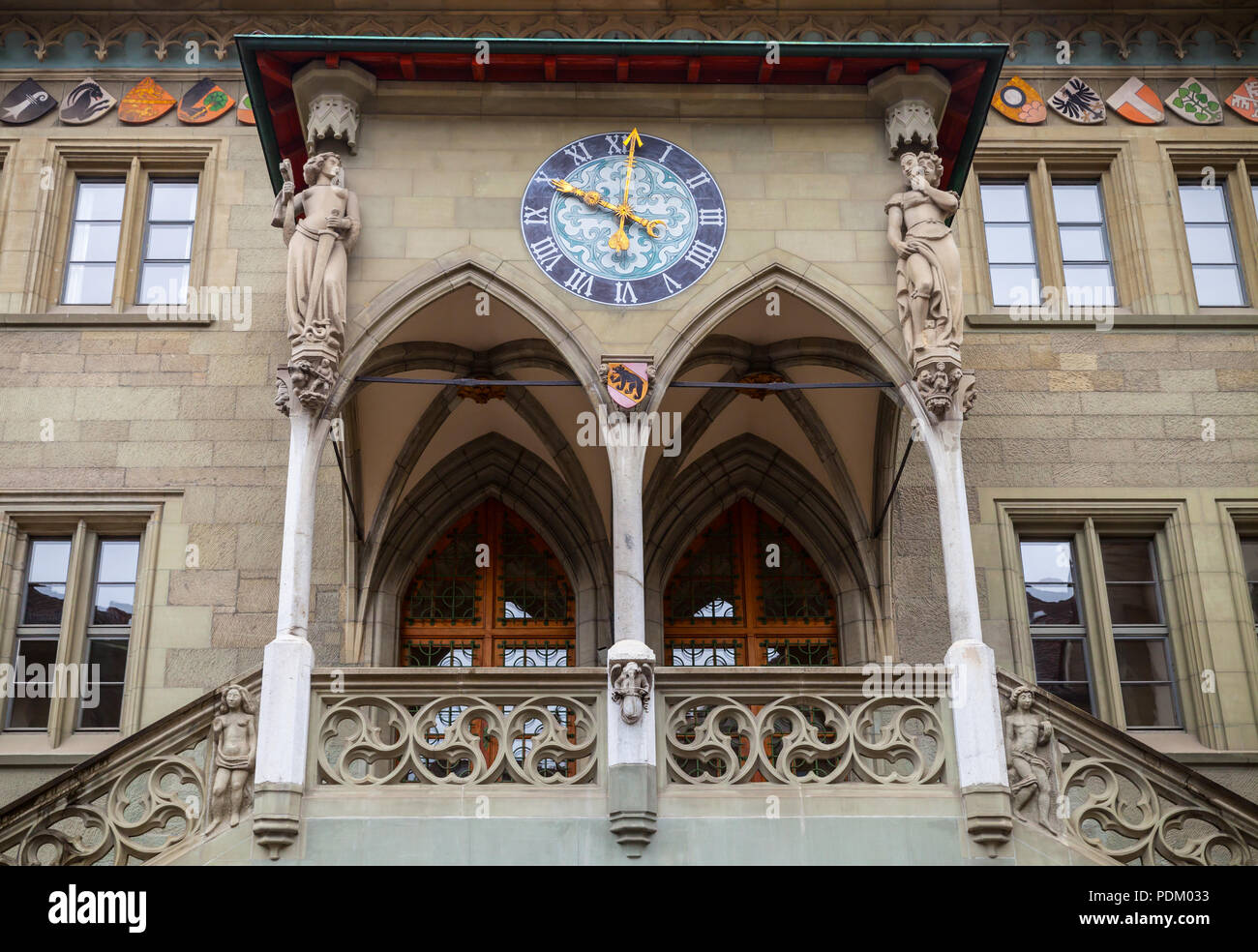 Bern Rathaus. Entrance to the town hall with coat of arms and ancient ...