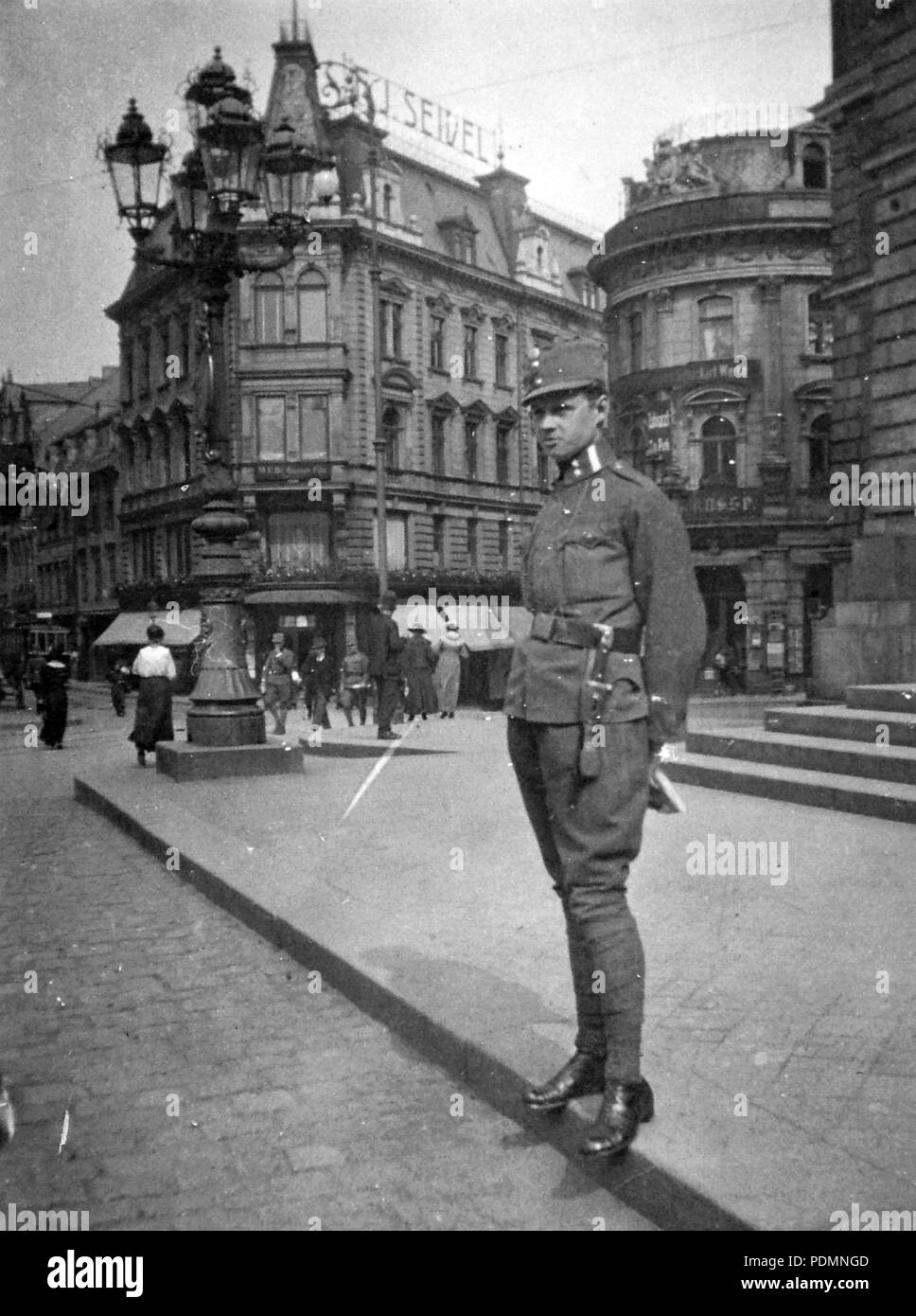 217 Man, uniform, street view, tram, lamp post Fortepan 8304 Stock ...