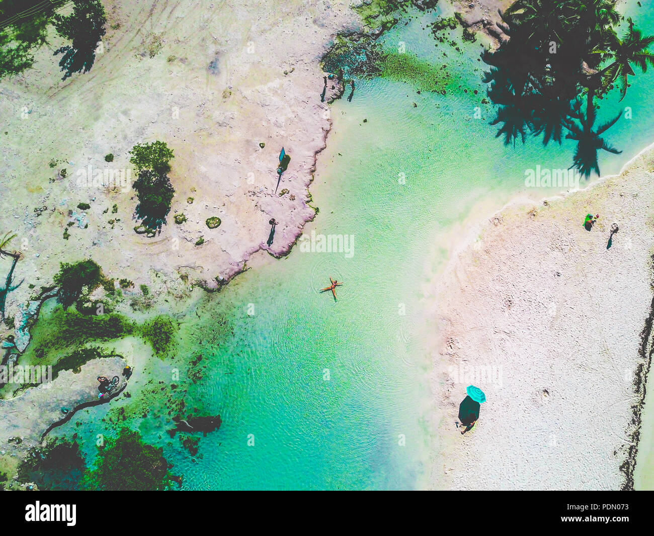 Drone shoot of beautiful sandy beach and small bay with palm treas and ...
