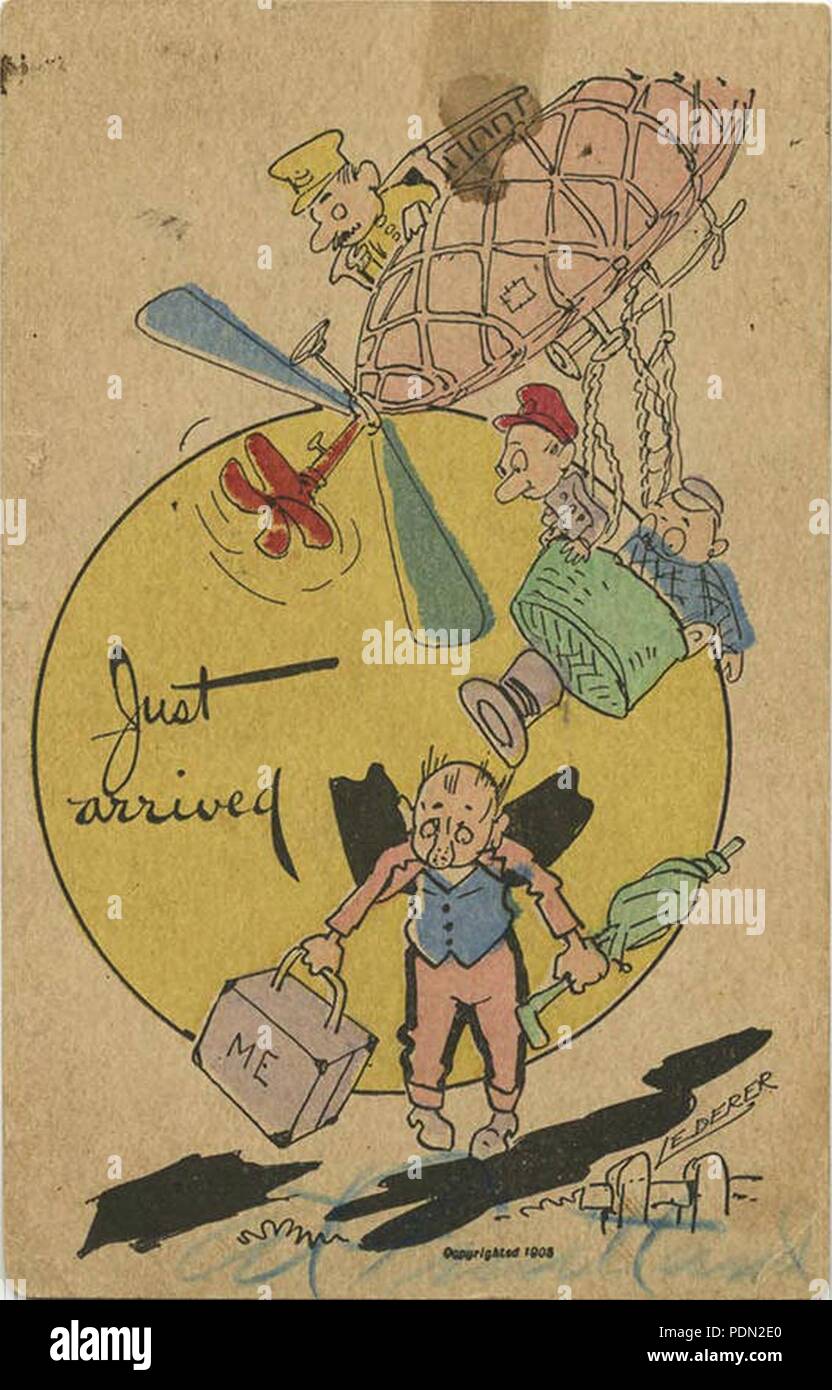 Announcement, Just Arrived, cartoon by Charles Lederer, man jumping out ...