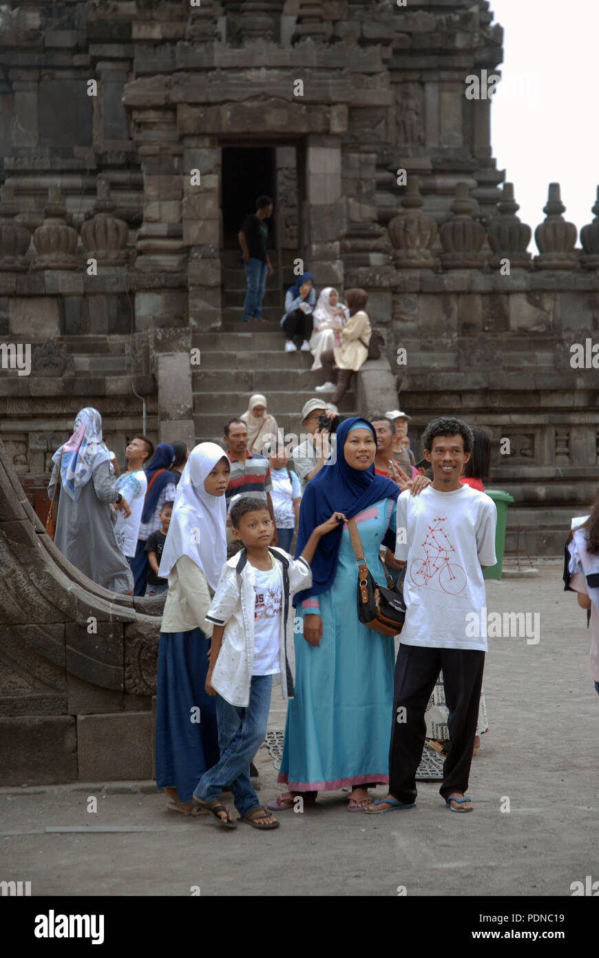 A group of young muslim girls visit Prambanan temple, Yogyakarta, Java ...