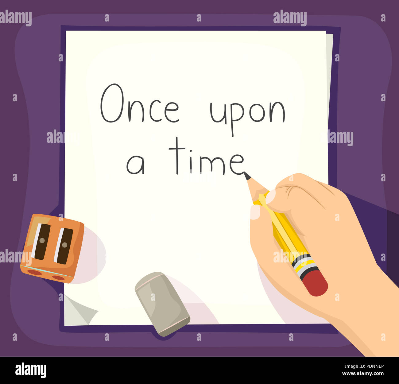 Illustration of a Hand of a Kid Holding a Pencil and Writing Once Upon ...