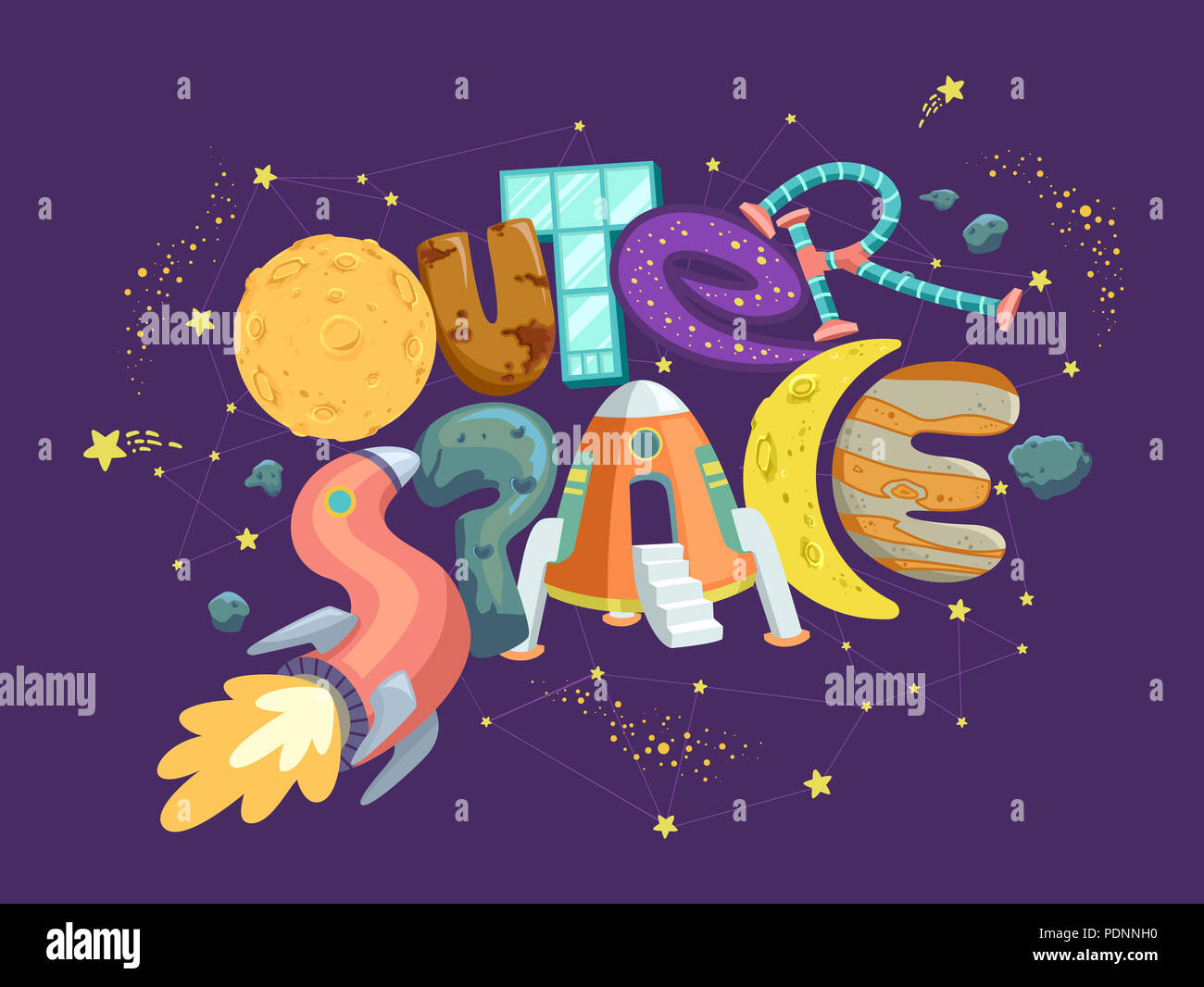 Illustration of an Outer Space Lettering with Space Ship, Rocket ...
