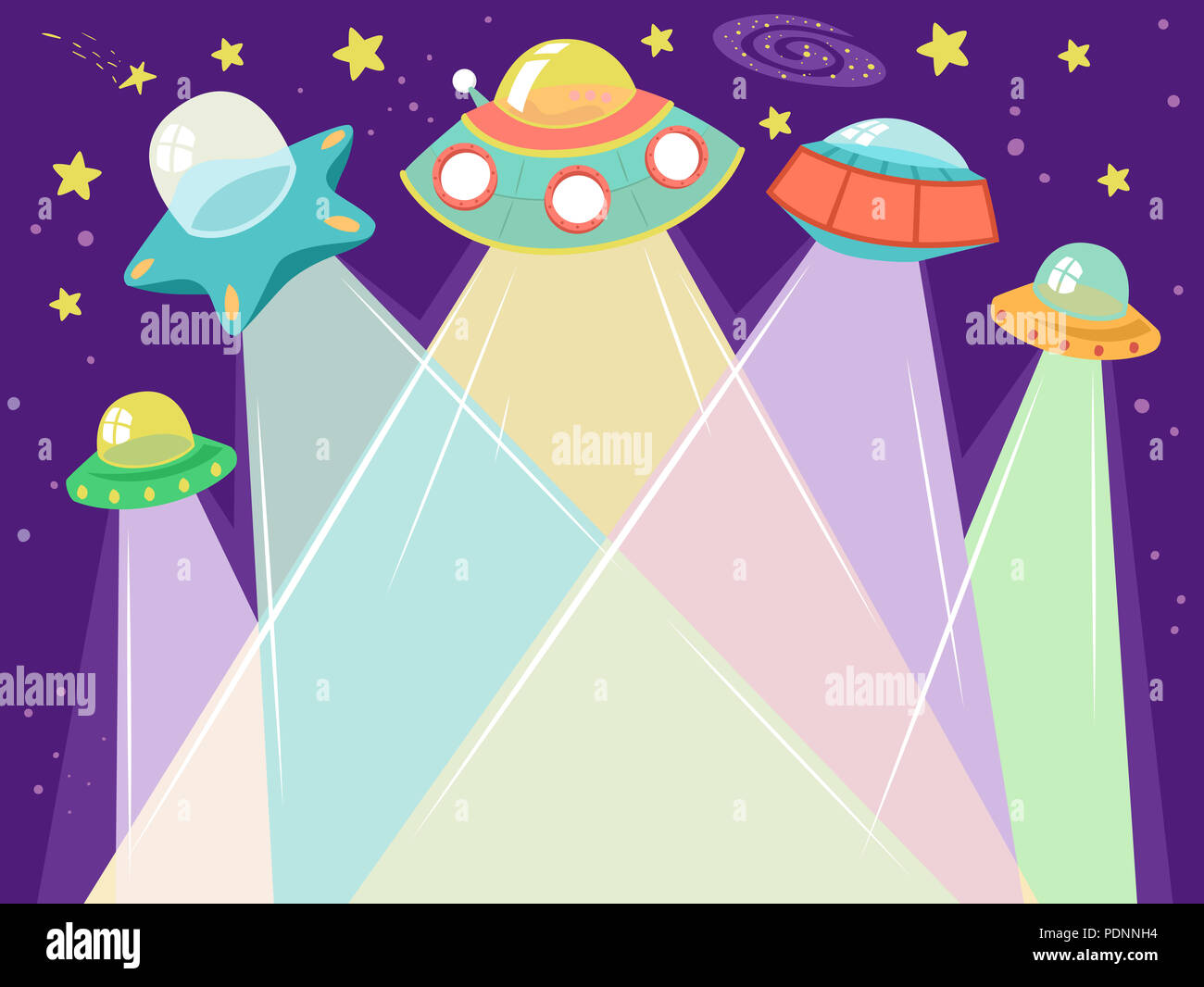 Background Illustration of Five UFO Space Ships Beaming Downwards ...