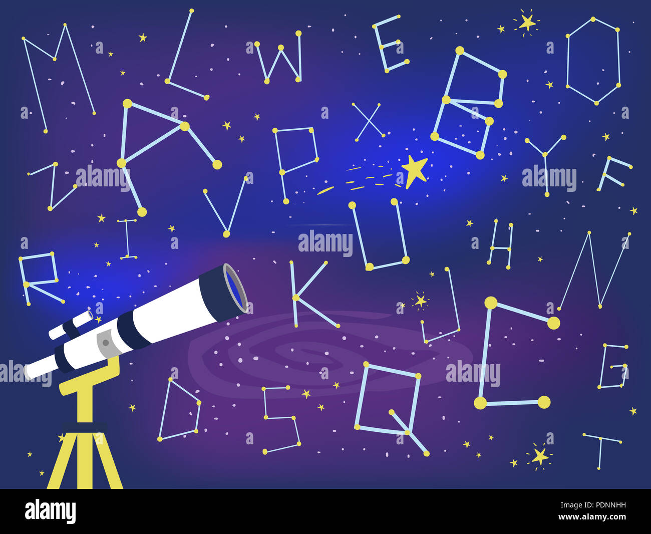 Abstract Illustration of a Telescope with the Alphabet as Part of Star ...