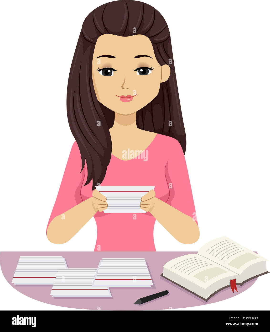 Illustration of a Teen Girl Student Using Note Cards for Memorizing and ...