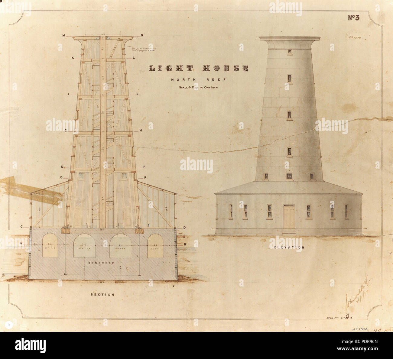 90 North Reef Lighthouse - Section and Elevation, 1877 Stock Photo - Alamy