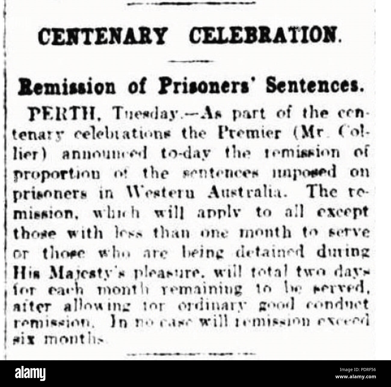 125 Remission of Prisoners' Sentences, The Age 9 October 1929 Stock ...