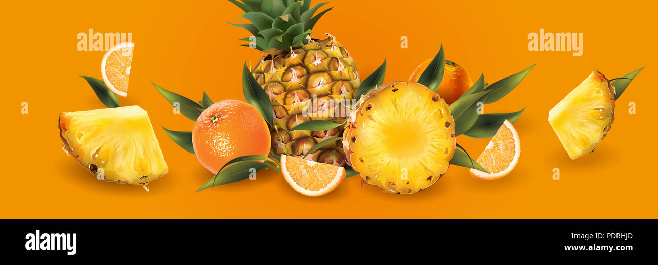 Pineapple and oranges on a orange background Stock Photo - Alamy