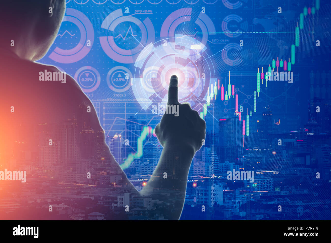 businessman touching select digital panel overlay with modern city for ...