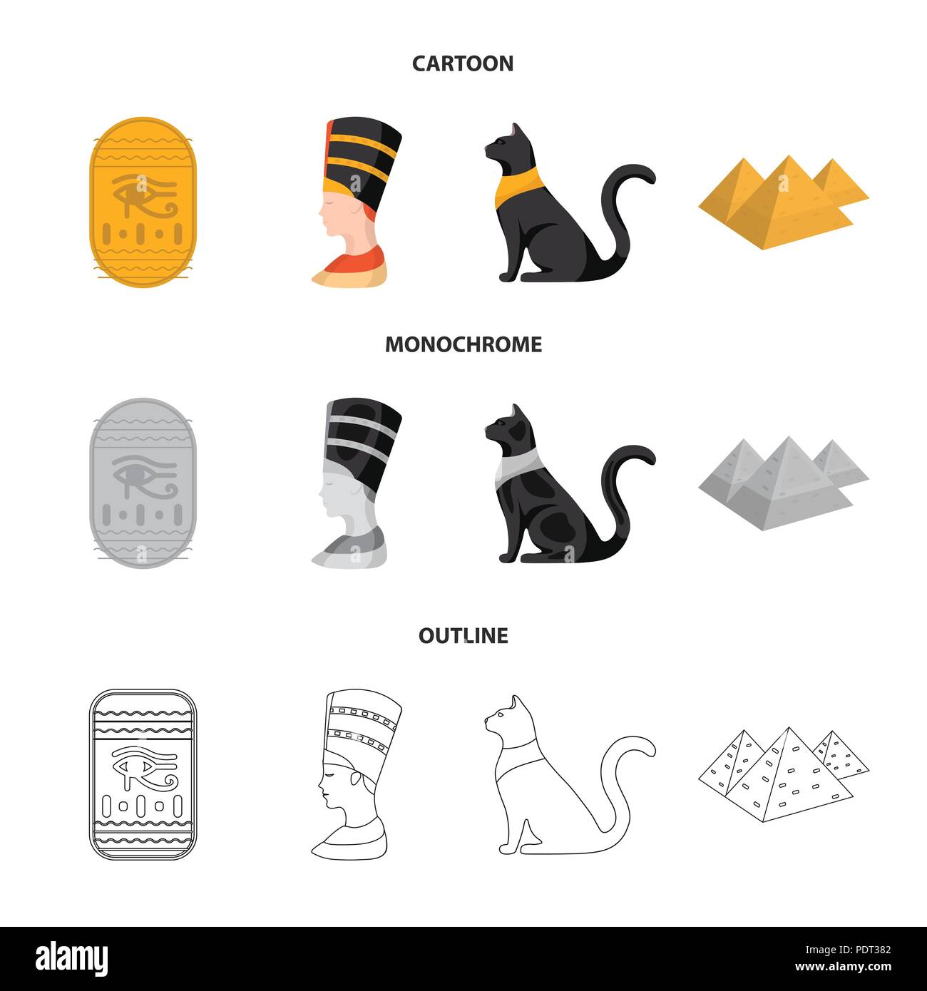 Eye of Horus, black Egyptian cat, pyramids, head of Nefertiti.Ancient ...