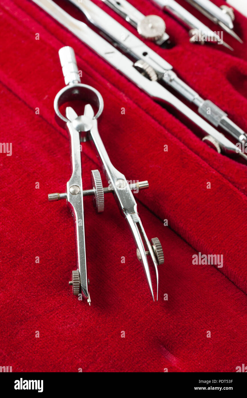 closeup compass (drawing tool) with the box set as background Stock ...